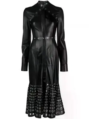 Off-White Leather Midi Dress With Eyelet Embellishments