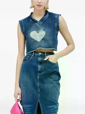 REWARD IF FOUND Distressed Heart Denim V-neck Top