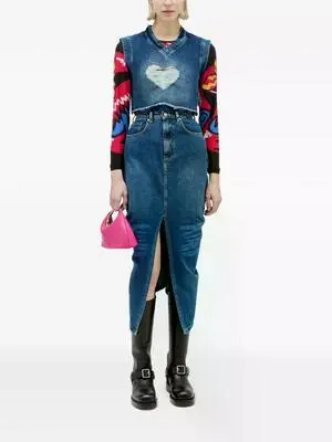 REWARD IF FOUND Distressed Heart Denim V-neck Top