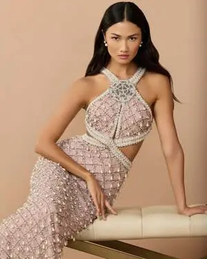 MAC DUGGAL COLLECTION Embellished Pearl Open Back Gown - Pink