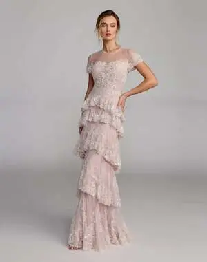 MAC DUGGAL COLLECTION Embellished High Neck Gown With Tiered Ruffle Skirt