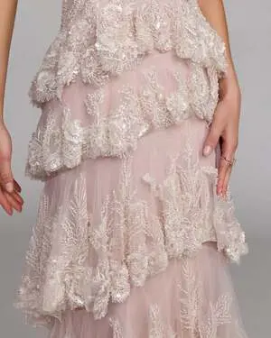 MAC DUGGAL COLLECTION Embellished High Neck Gown With Tiered Ruffle Skirt