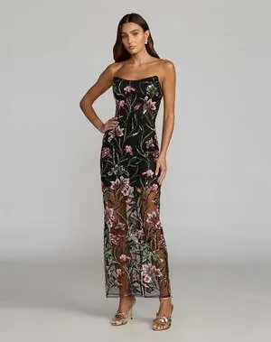 Mac Duggal Floral Embroidered Strapless Column Gown - Black Multi