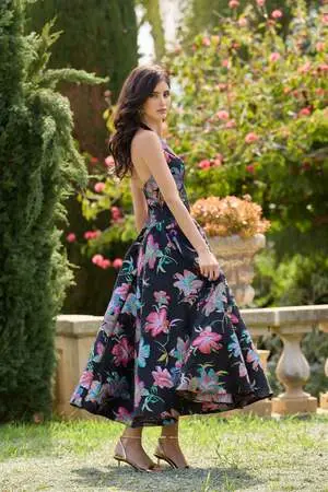 Mac Duggal Brocade Halter Neck Midi Dress