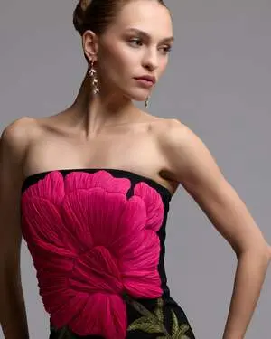 Mac Duggal Strapless Floral Embroidered Sheath Midi Dress