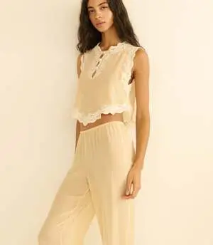 DÔEN Felise Silk Georgette Lace Trimmed Wide Leg Pants
