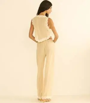 DÔEN Felise Silk Georgette Lace Trimmed Wide Leg Pants