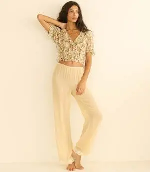 DÔEN Felise Silk Georgette Lace Trimmed Wide Leg Pants