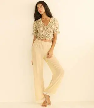 DÔEN Felise Silk Georgette Lace Trimmed Wide Leg Pants