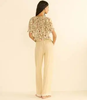 DÔEN Felise Silk Georgette Lace Trimmed Wide Leg Pants