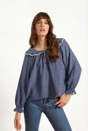 IF ONLY IF Katharine Blouse With Ruffle Collar And Checked Pattern - Denim Check