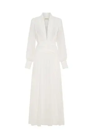 NICHOLAS Jocelyn Silk Maxi Dress With Plunging Neckline And Ruched Waist - Ivory