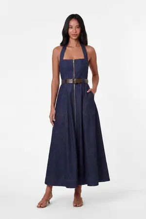 NICHOLAS Anastasia Denim Halterneck Midi Dress - Indigo