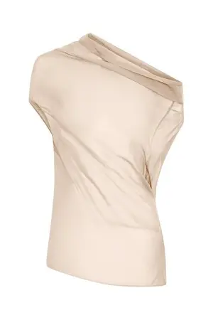NICHOLAS Asymmetric Neckline Draped Georgette Top - Ecru