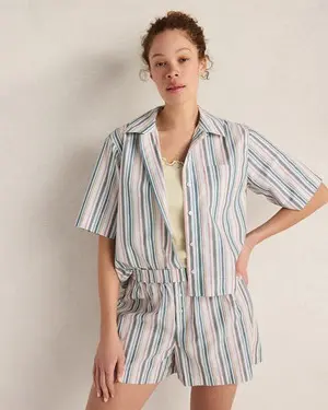 HAVEN WELL WITHIN Organic Cotton Poplin Summer Stripe Pajama Top - White Multi