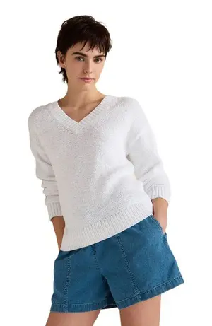 HAVEN WELL WITHIN Cotton Blend Tape Yarn V-neck Sweater - White
