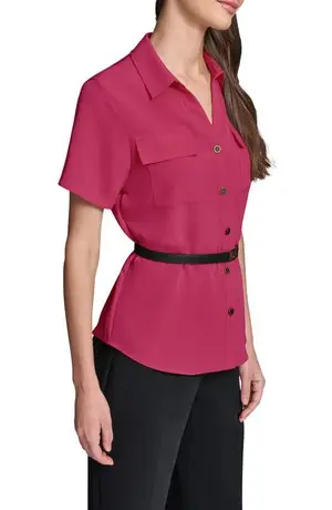 Karl Lagerfeld Paris Belted Button-up Shirt - Currant