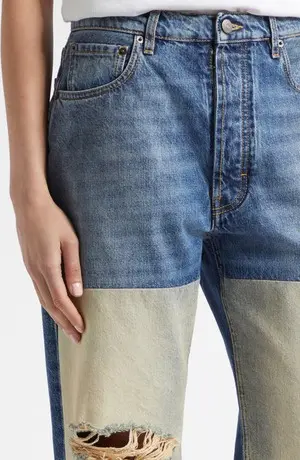 MAISON MARGIELA Ripped High Waist Patchwork Panel Straight Leg Jeans