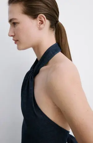 Mango Cotton & Linen Denim Crop Halter Top