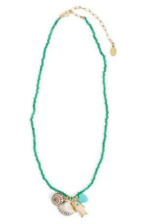 Clare V. Beaded Charm Necklace With Shell And Fish Motifs - Green Multi