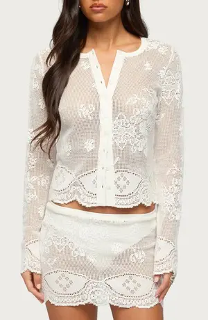 EDIKTED Sheer Open Stitch Button-up Shirt With Scalloped Edges - White