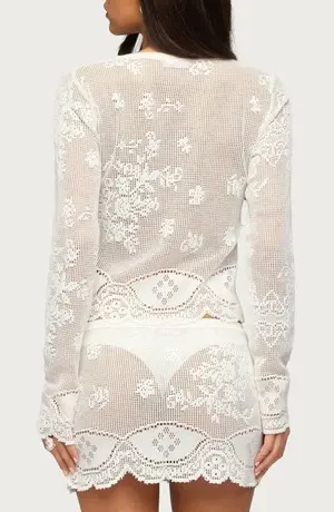 EDIKTED Sheer Open Stitch Button-up Shirt With Scalloped Edges