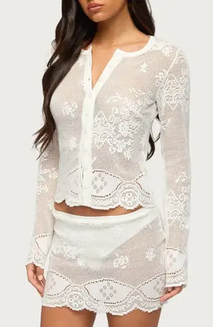 EDIKTED Sheer Open Stitch Button-up Shirt With Scalloped Edges