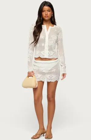 EDIKTED Sheer Open Stitch Button-up Shirt With Scalloped Edges
