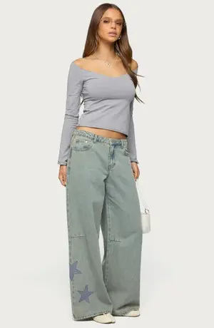 EDIKTED Off-the-shoulder V-neck Long Sleeve Top