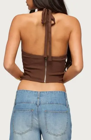 EDIKTED Alira Crop Halter Top With Fringe Trim