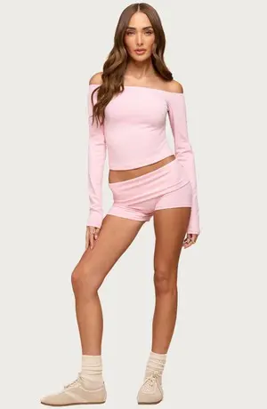 EDIKTED Tezia Off-the-shoulder Long Sleeve Top - Pink