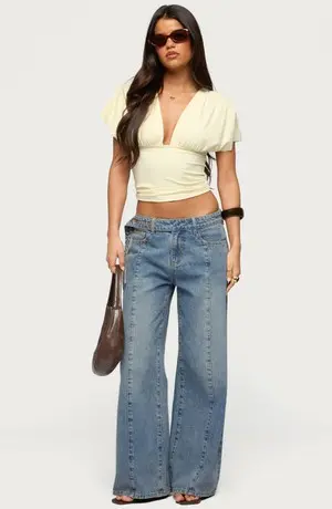 EDIKTED Flutter Sleeve Plunge V-neck Knit Top