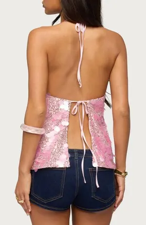 EDIKTED Halter Neck Sequin Top With Open Back