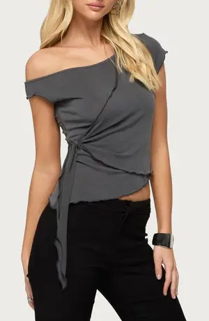 EDIKTED Asymmetrical Off-the-shoulder Wrap Top