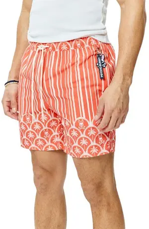 Psycho Bunny Palm Tree & Bunny Print Swim Trunks - Emberglow