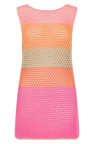 MILLY Metallic Stripe Sheer Cotton Blend Open Stitch Cover-up Minidress