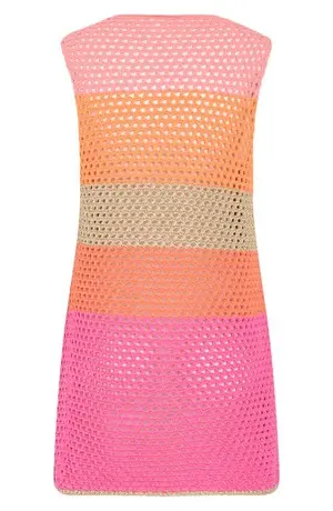 MILLY Metallic Stripe Sheer Cotton Blend Open Stitch Cover-up Minidress