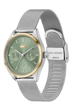 Lacoste Multifunction Mesh Strap Watch With Goldtone Bezel And Crystal Markers