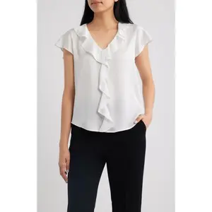 TAHARI ASL Ruffle Flutter Satin Top - Ivory