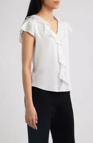 TAHARI ASL Ruffle Flutter Satin Top - Ivory