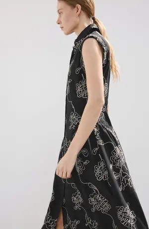 Mango Floral Embroidered Sleeveless Midi Shirt Dress