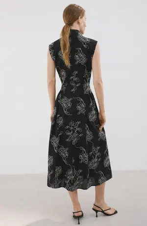 Mango Floral Embroidered Sleeveless Midi Shirt Dress
