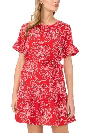 CECE DUPRAZ Tie Waist Cotton Mini Dress With Eyelet Detail