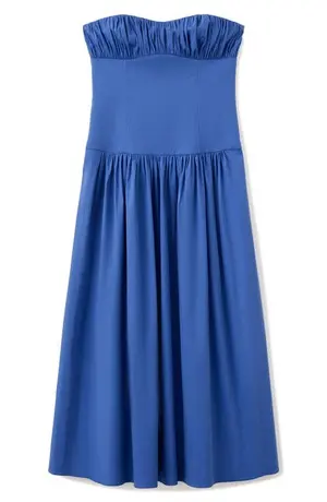 Mango Strapless Sweetheart Ruched Cotton Blend Dress - Blue
