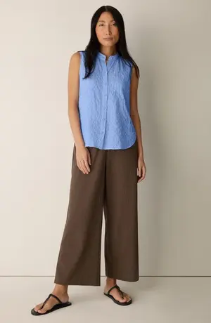 Eileen Fisher Mandarin Collar Sleeveless Button-up Shirt