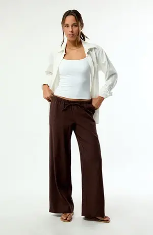 PACSUN Alisa Linen Blend Wide Leg Pants - Brown