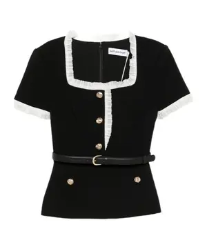 SELF-PORTRAIT Crepe Belted Blouse With Gold Buttons And Frill Trim