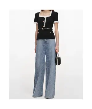 SELF-PORTRAIT Crepe Belted Blouse With Gold Buttons And Frill Trim