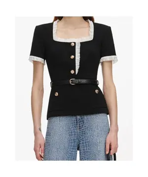SELF-PORTRAIT Crepe Belted Blouse With Gold Buttons And Frill Trim