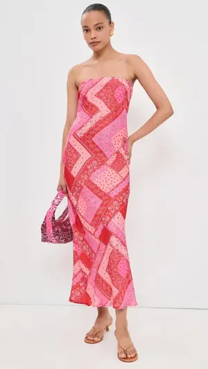 RESA Anna Bandana Print Strapless Midi Slip Dress